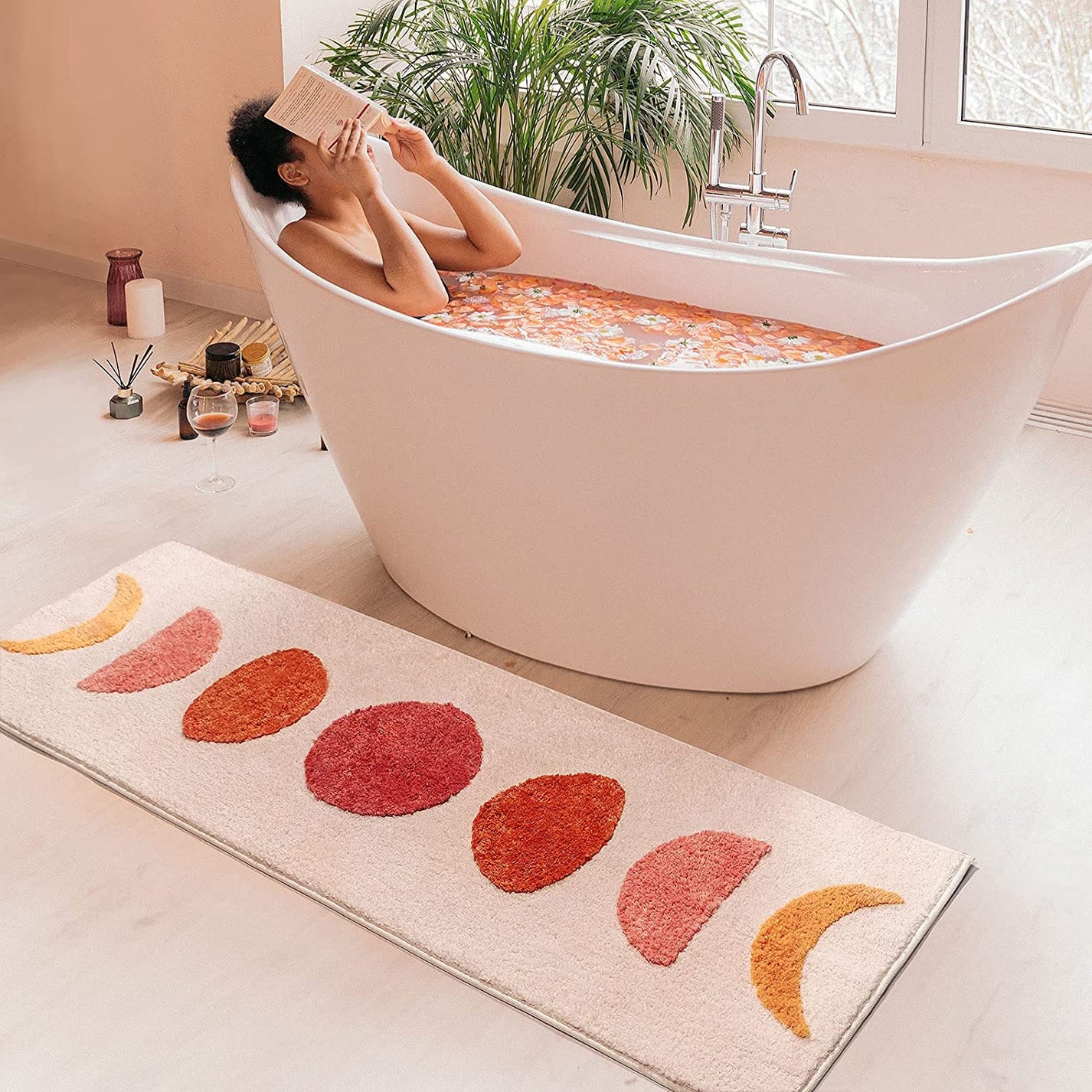 Moon Phase Bath Mat Black Background, Bathroom Rug, Soft Plush Water ...