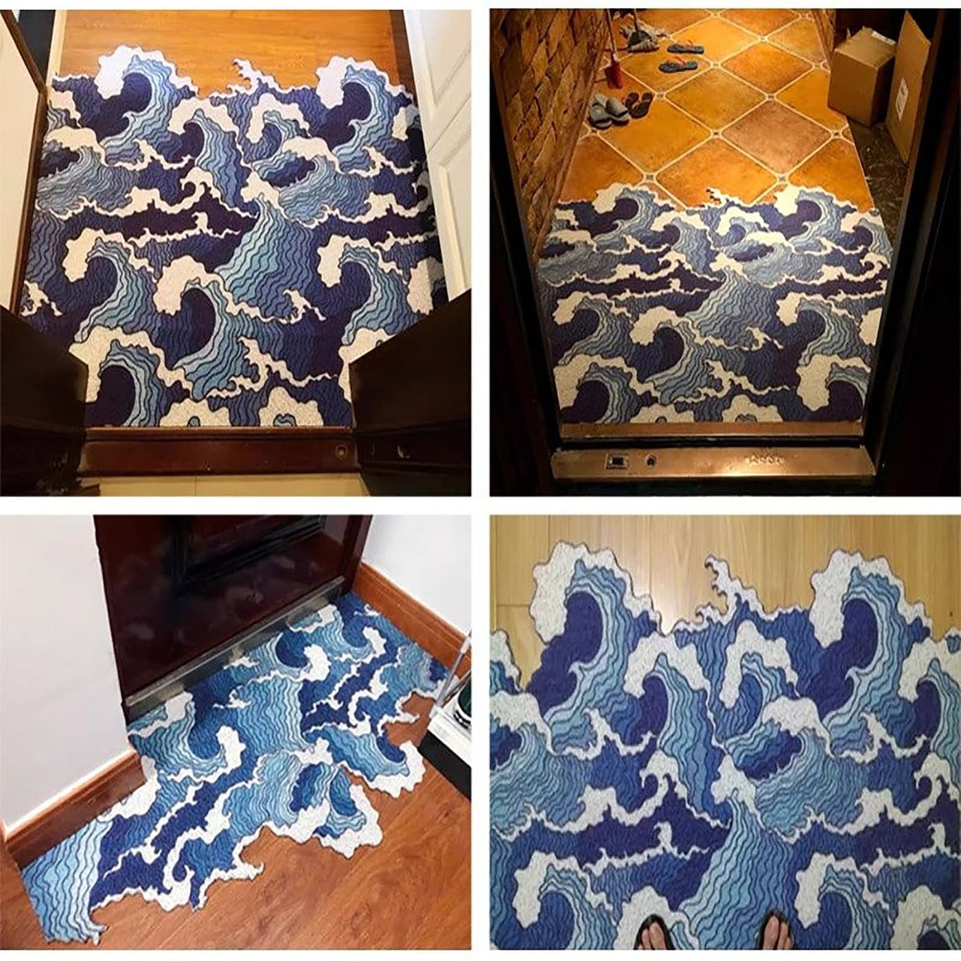 Feblilac Japanese Blue Wave Entrance Door Mat, Ukiyoe Art Doorway PVC