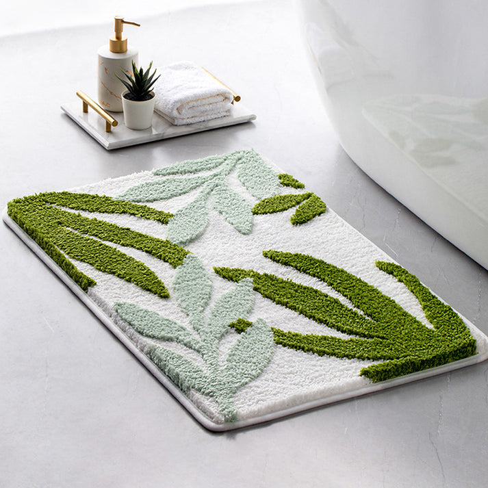 Light Green Leaves Bath Mat, Multiple Sized Floral Non Slip Bathmat ...