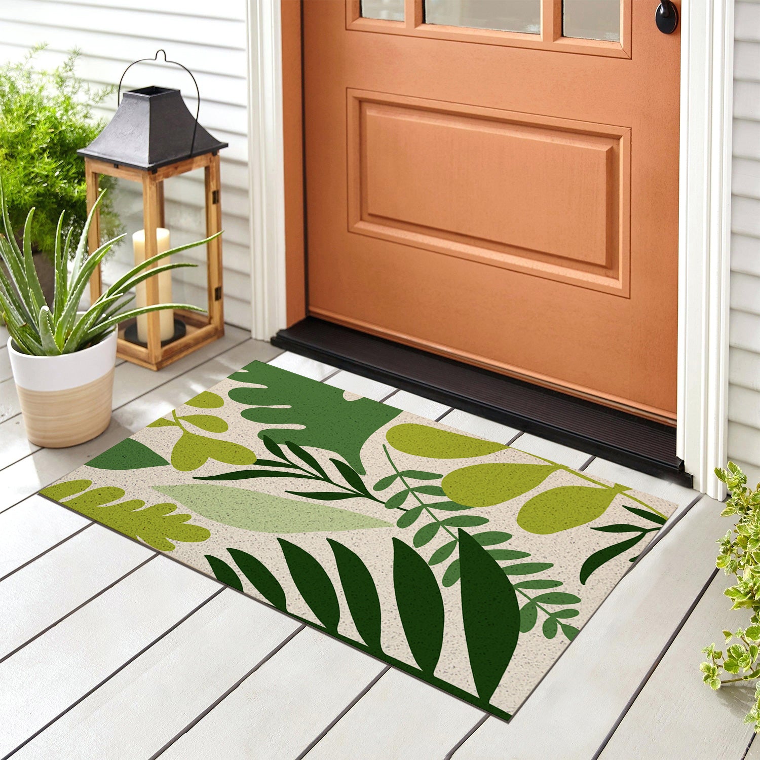 Feblilac Green Tropical Plant Leaves PVC Coil Door Mat, Green Mat ...