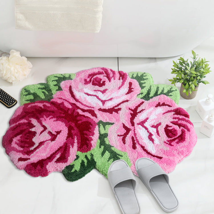 Feblilac Three Pink Rose Tufted Bath Mat, Pink Rose Rug, Tufted Bath ...