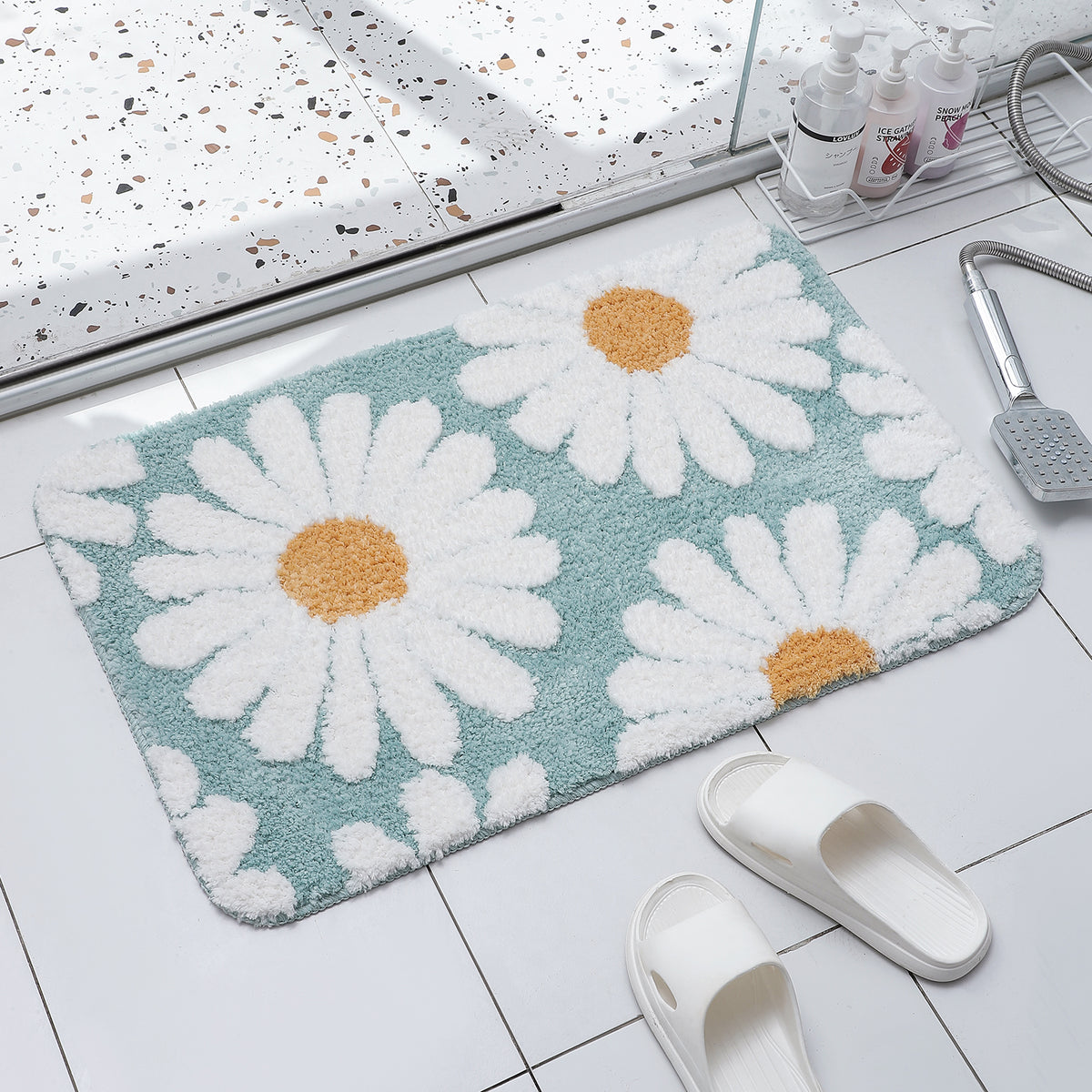Feblilac Cute White Blue Daisy Flower Bath Mat, Multiple Colors Availa