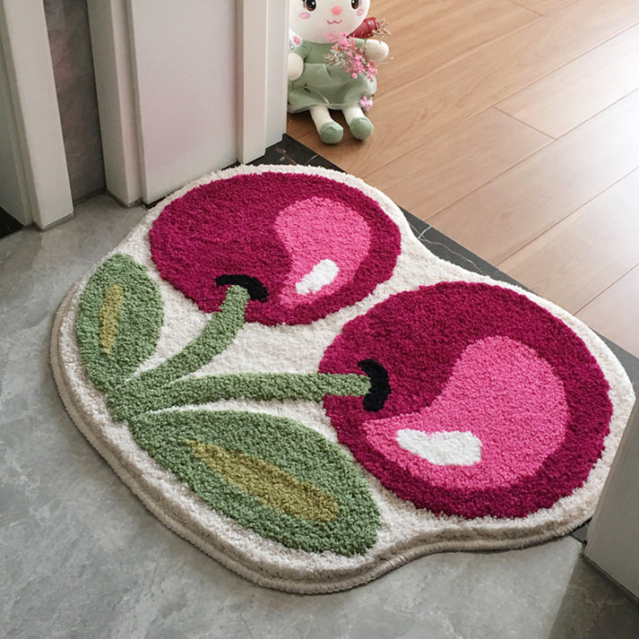 Cute Cherry Bath Mat, Red Fruit Bathroom Rug, Soft Plush Water ...