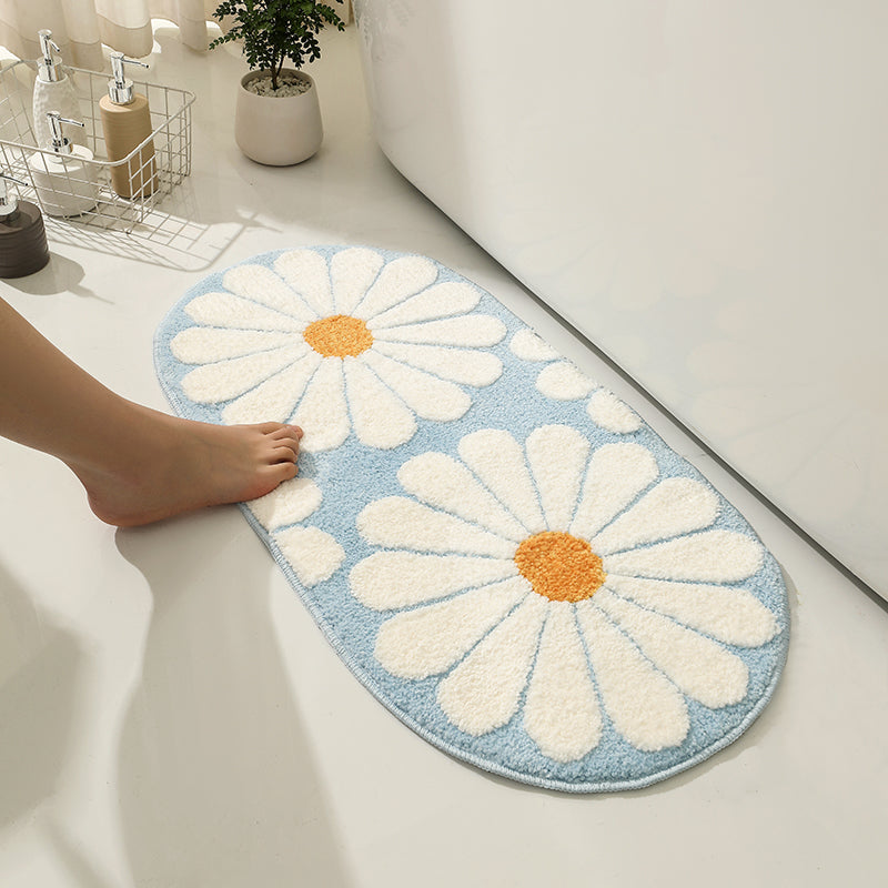 Feblilac Oval Daisy Flower Tufted Bathroom Mat, Blue and White Rug ...