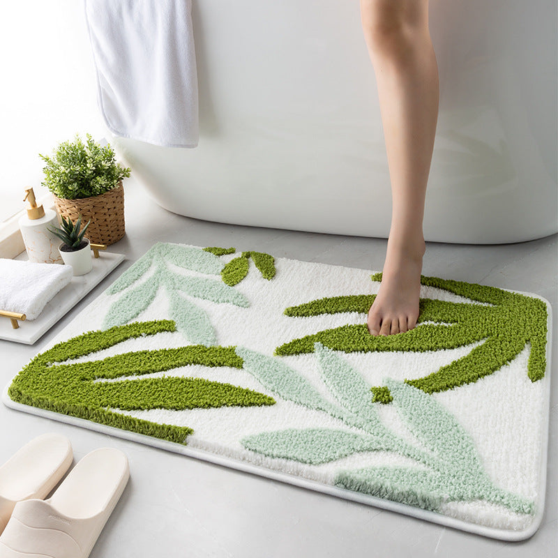 Light Green Leaves Bath Mat, Multiple Sized Floral Non Slip Bathmat ...