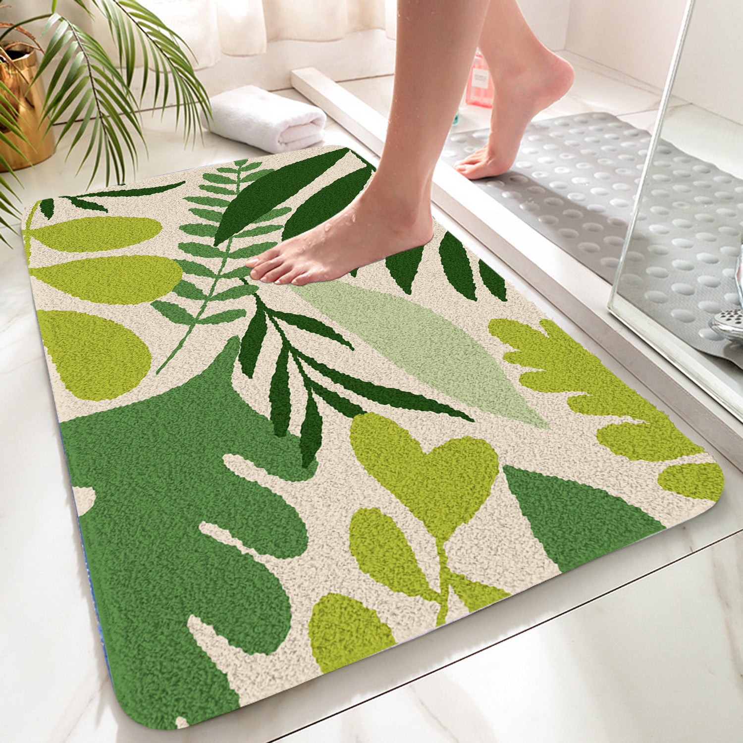 Feblilac Green Tropical Plant Leaves Tufted Bath Mat, Green Leaves Rug ...