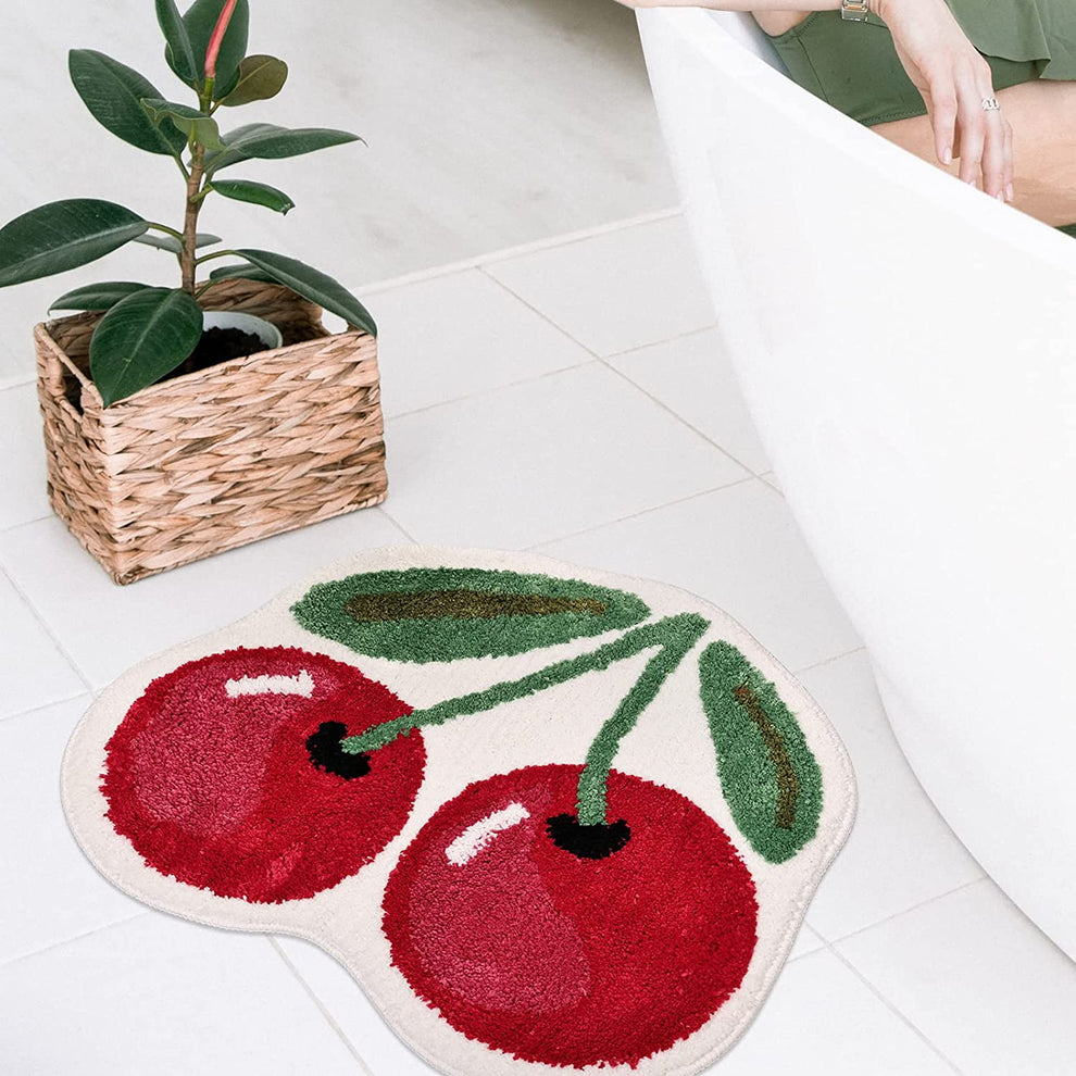 Cute Cherry Bath Mat, Red Fruit Bathroom Rug, Soft Plush Water ...
