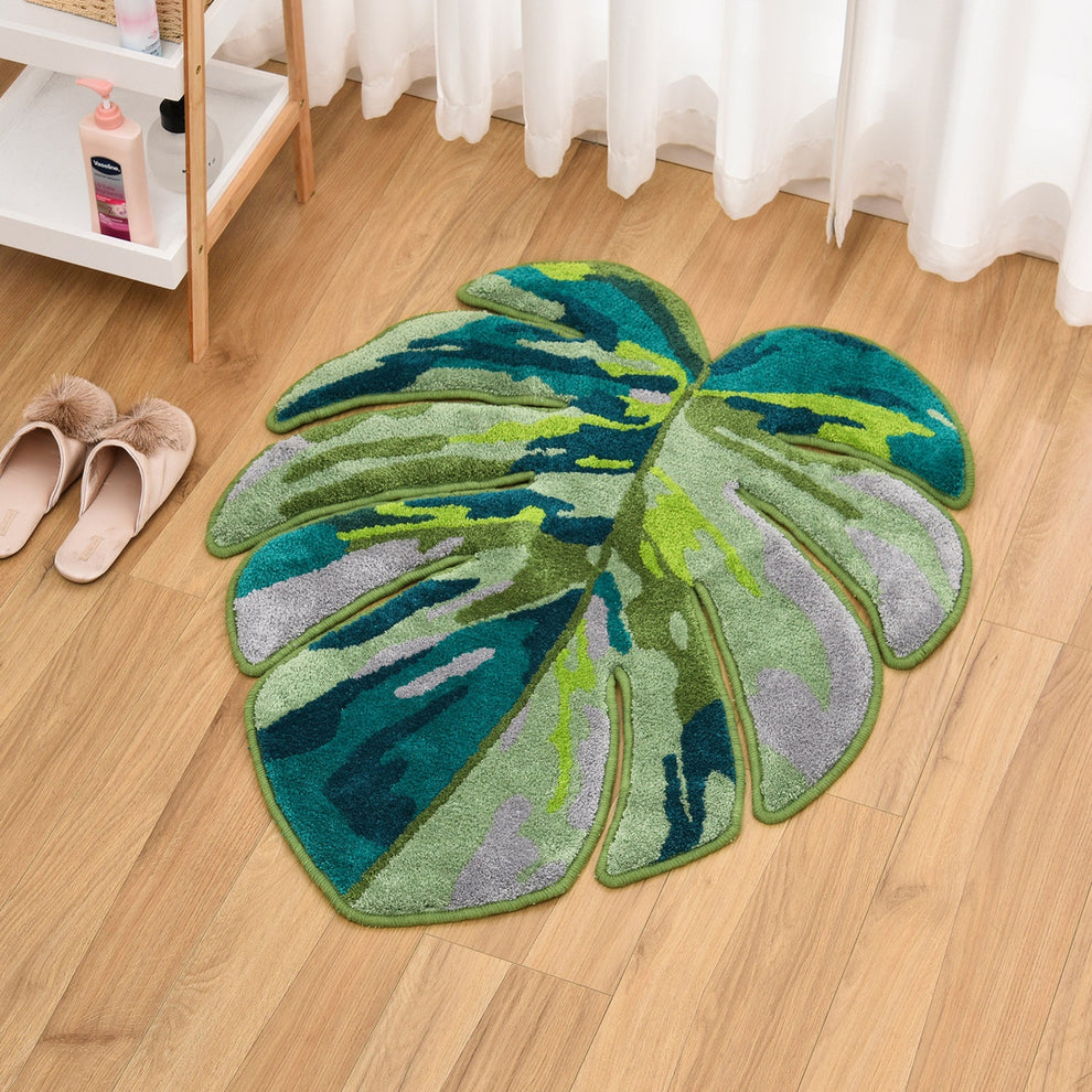 Feblilac Alien Monstera Tufted Bath Mat, Green Leaves Rug, Tufted Mat ...