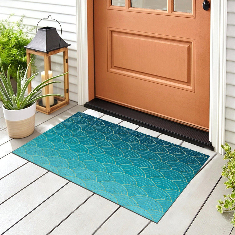 Japanese Wave Entrance Door Mat, Blue Pattern Entryway Doormat, PVC ...