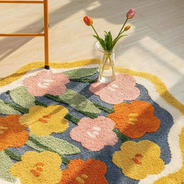 Soft Flower Round Bedside Bedroom Rug Bath Mat, Fluffy Plush Bedroom ...